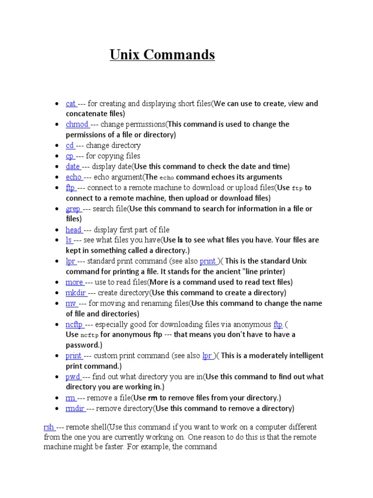 Unix Commands Cat Chmod Cd Cp Date Echo Ftp Grep Head Ls Lpr Print More Mkdir Mv Ncftp Ftp