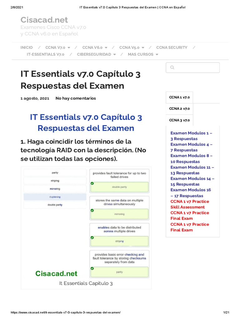 IT Essentials v7.0 Capítulo 3 Respuestas Del Examen | PDF | Bios | Disco duro