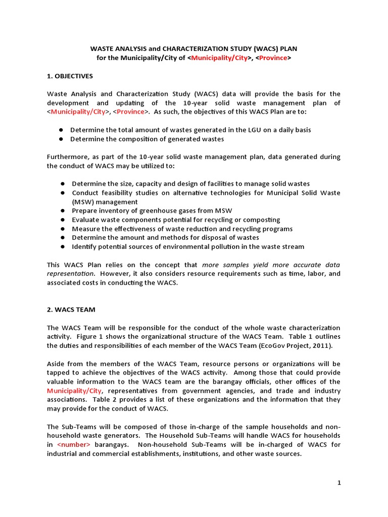 Waste Analysis and Characterization Study (Wacs) Plan For The ...
