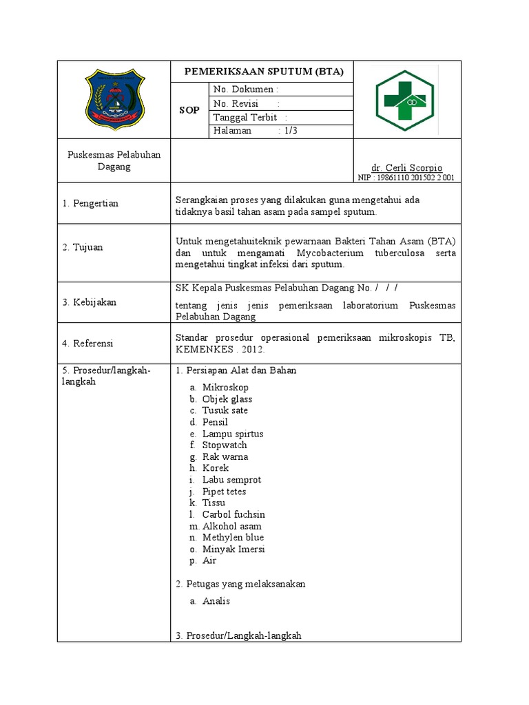 SOP Pemeriksaan BTA | PDF