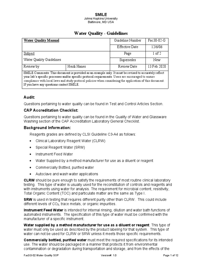 Fac30-02 Water Qual | PDF | Medical Laboratory | Purified Water