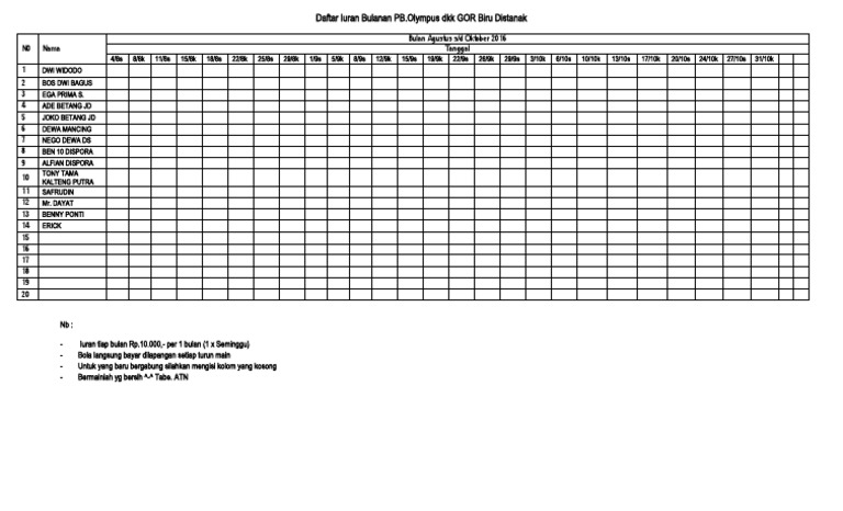 Daftar Iuran Bulanan PB - OLYMPUS | PDF