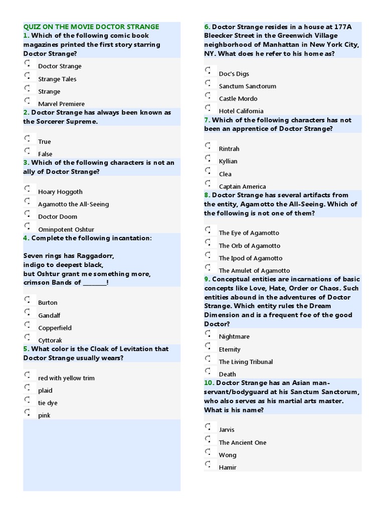Quiz On The Movie Doctor Strange 1. 6 | PDF | Marvel Comics Characters ...