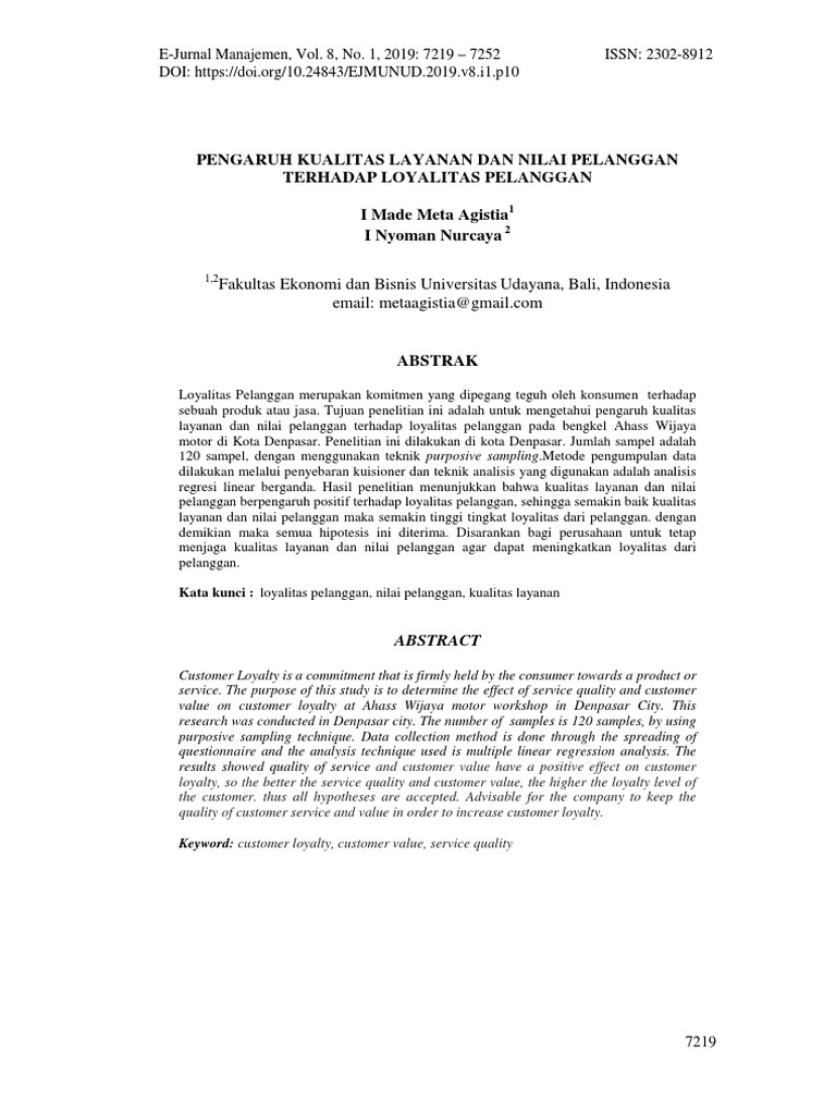Pengaruh Kualitas Layanan Dan Nilai Pelanggan Terhadap Loyalitas Pelanggan I Made Meta Agistia I ...