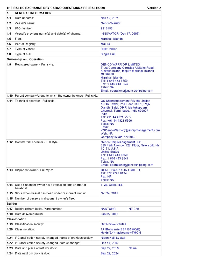 Baltic Exchange Dry Cargo Questionnaire | PDF | Tonnage | Shipbuilding