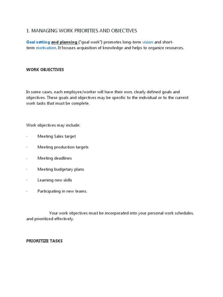 Managing Work Priorities and Objectives | PDF | Goal | Goal Setting
