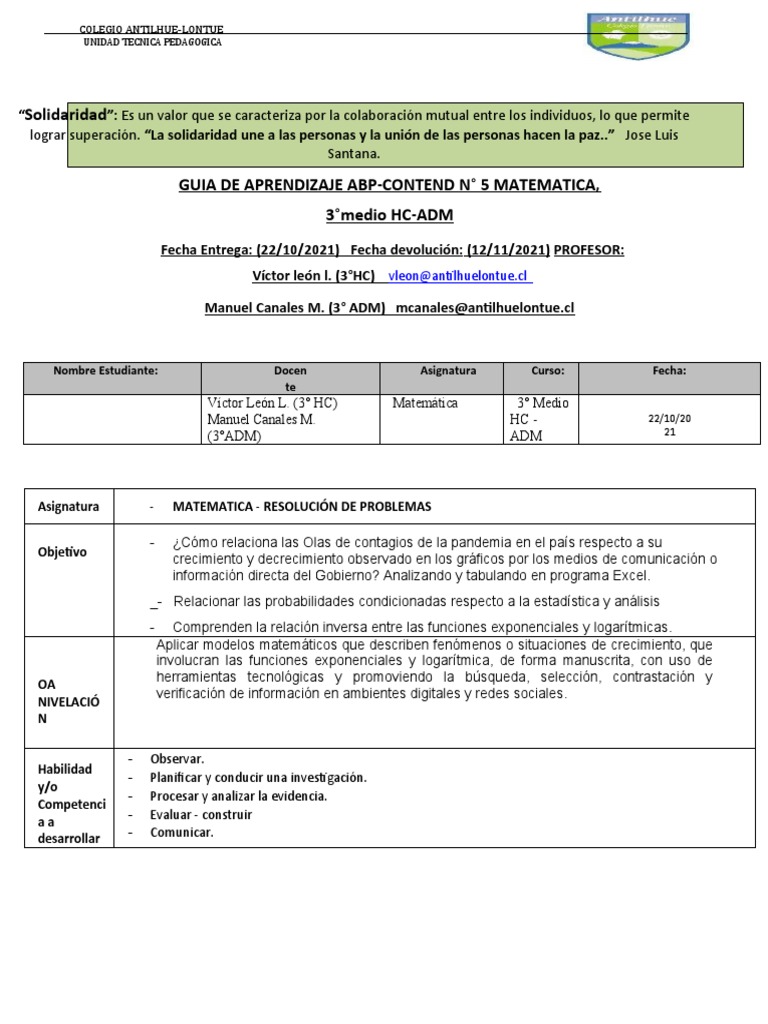 Guía Matemática 3° Medio: ABP y Funciones | PDF | Función (Matemáticas) | Funcion exponencial