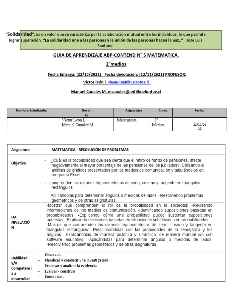 GUIA N°5 ABP MATEMATICA 2°medios | Descargar gratis PDF | Trigonometría | Funciones trigonométricas