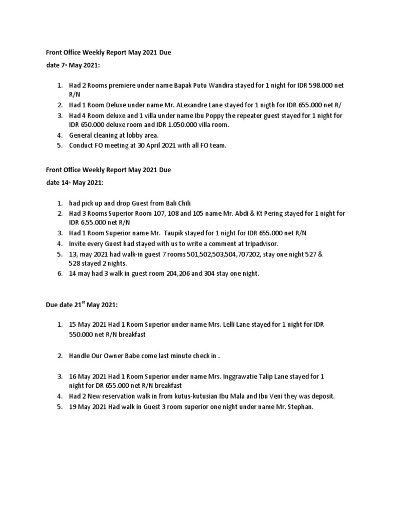Front Office Weekly Report - May 2021 | PDF | Cooking, Food & Wine | Law