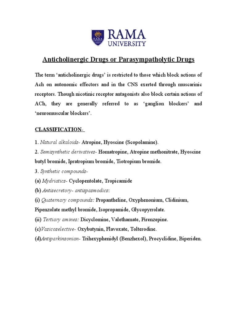 Anticholinergic Drugs or Parasympatholytic Drugs: Classification | PDF ...