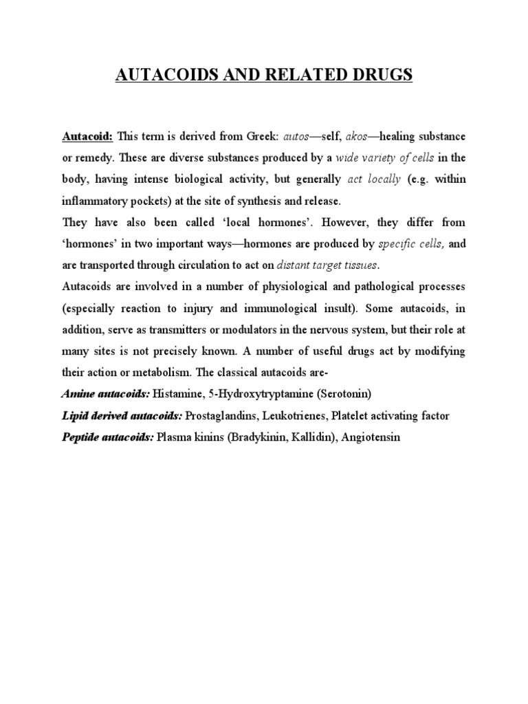 Pharmacology of Autacoids | PDF | Serotonin | Vasodilation