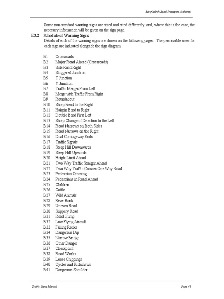 E3.2 Schedule of Warning Signs: Bangladesh Road Transport Authority ...
