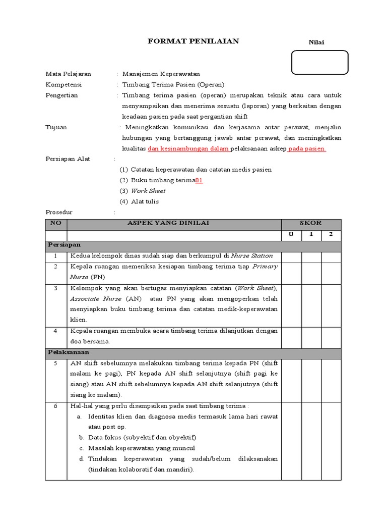 Format Penilaian Timbang Terima Pasien | PDF