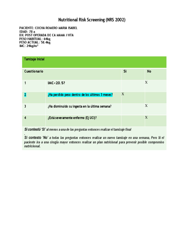 Tamizaje Nutricional NRS 2002 | PDF | Pérdida de peso | Medicina CLINICA