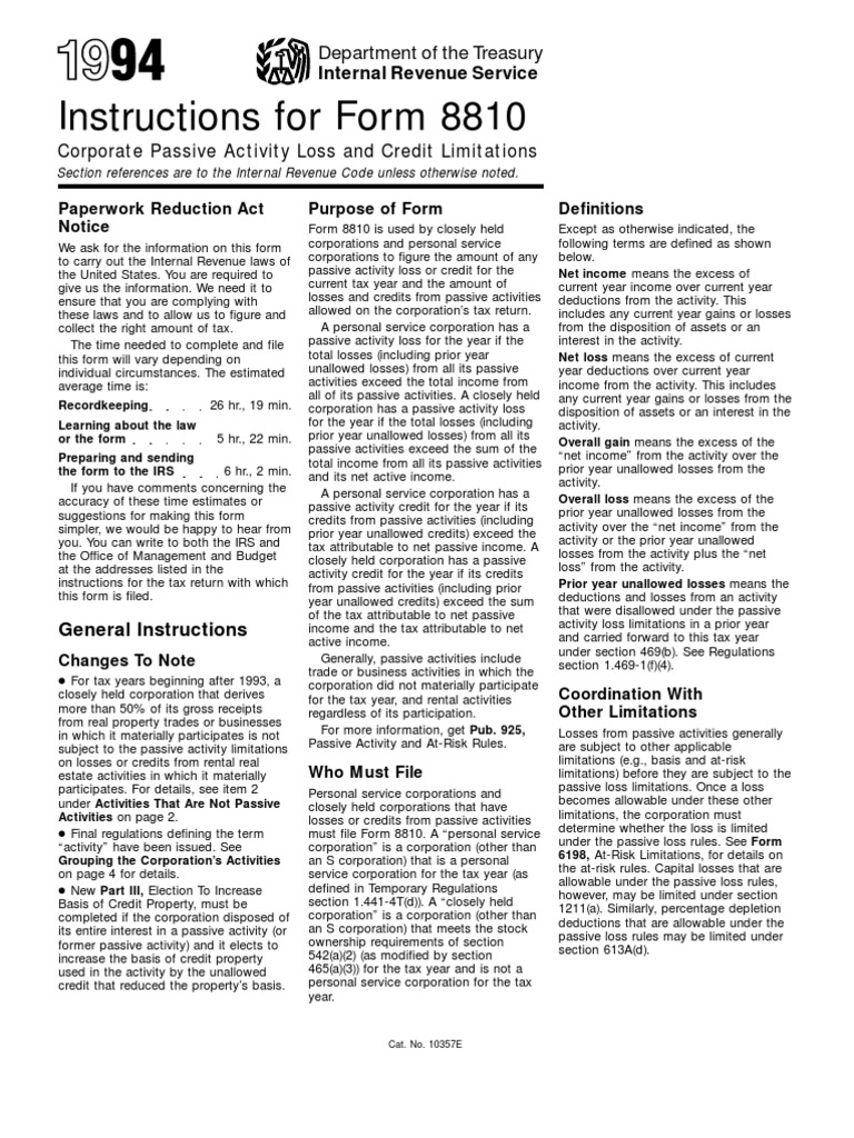 US Internal Revenue Service: I8810 - 1994 | PDF | Tax Deduction ...