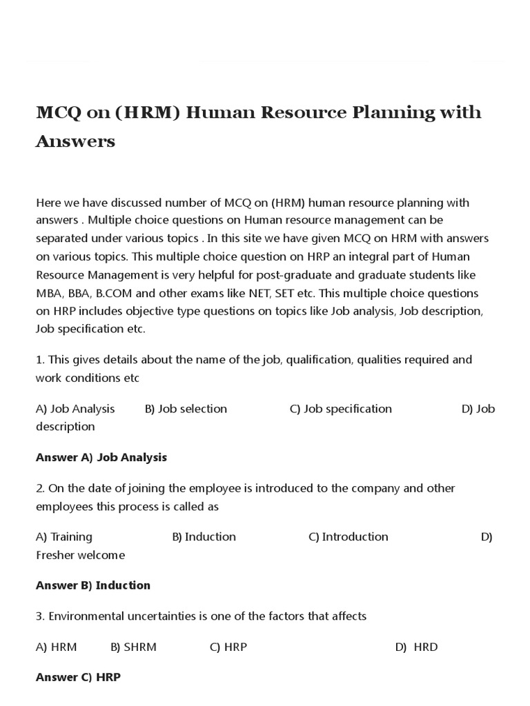 MCQ On (HRM) Human Resource Planning With Answers - SpeakHR | PDF ...
