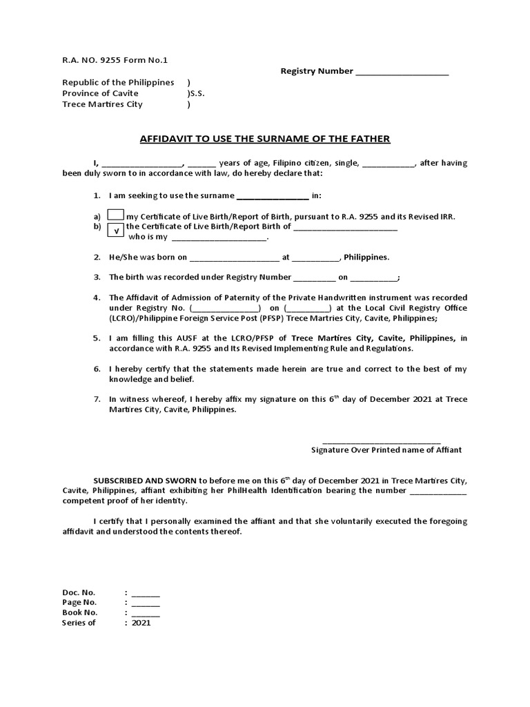 Affidavit To Use The Surname of The Father | PDF