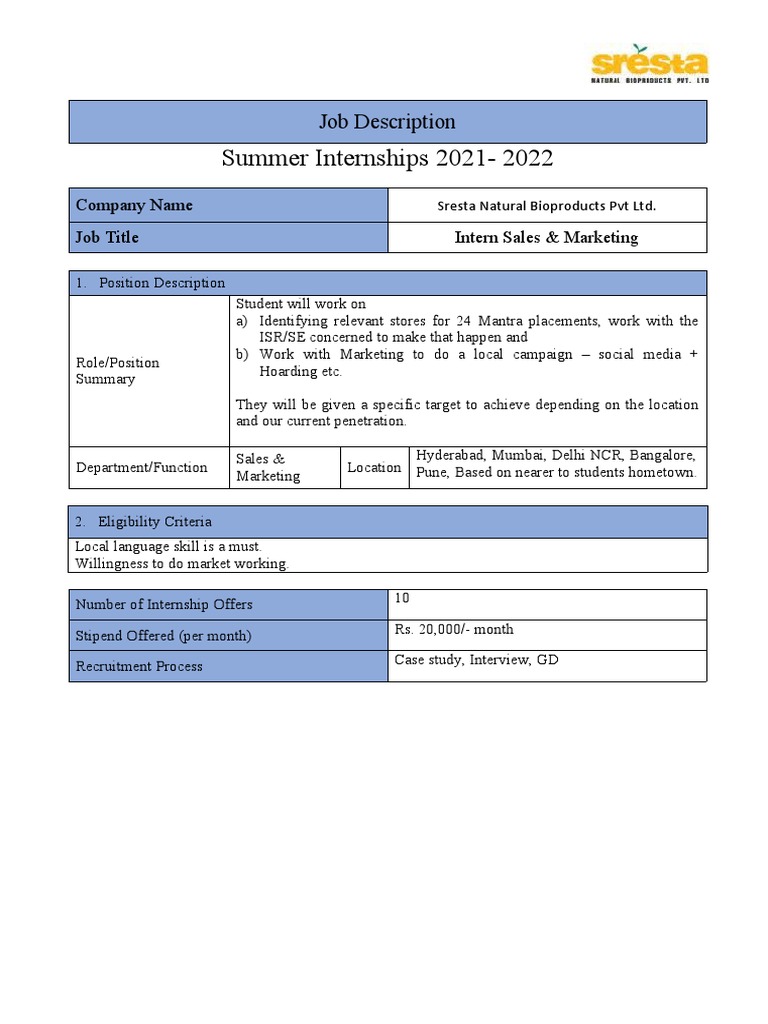 Sresta Summer Internship JD - Sales | PDF