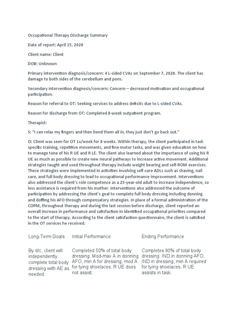 Discharge Summary | PDF | Nail (Anatomy) | Occupational Therapy