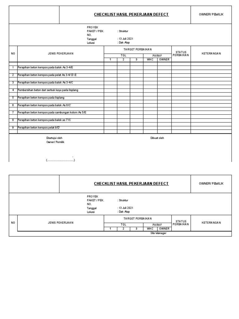 Defect List Pembesian Lisplang Beton | PDF