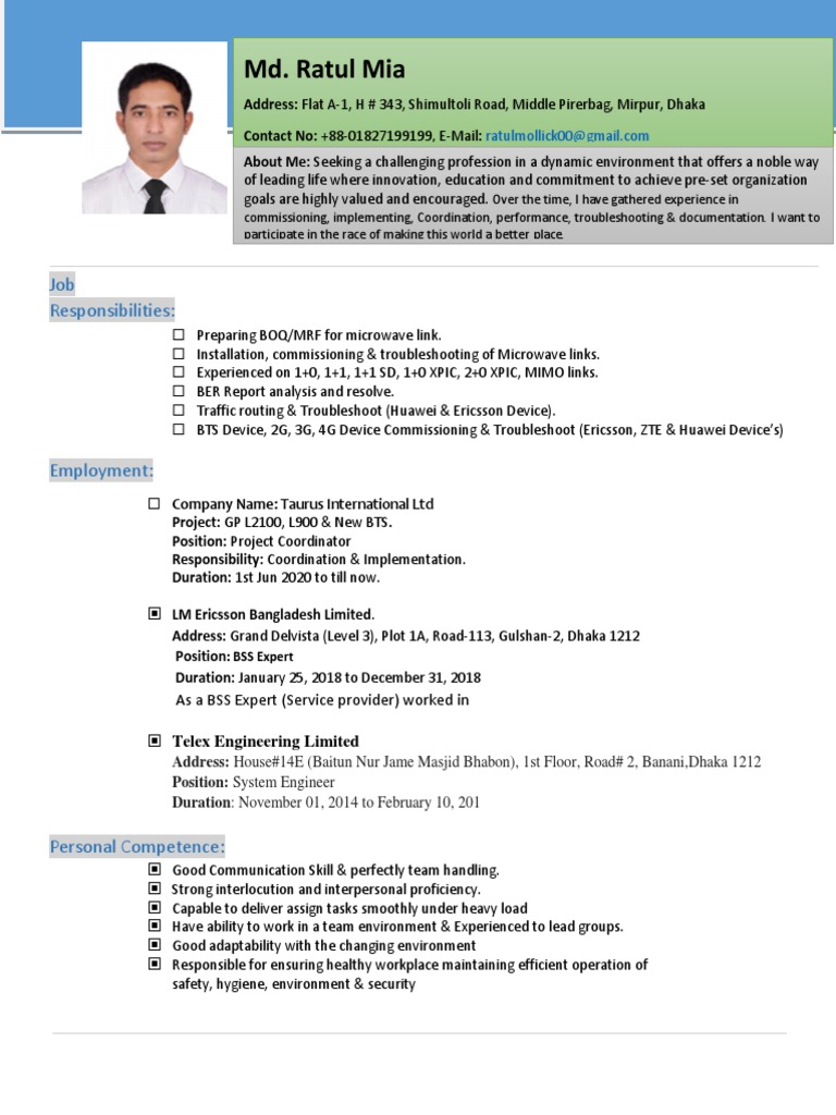 Md. Ratul Mia: Job Responsibilities | PDF | Computing | Telecommunications