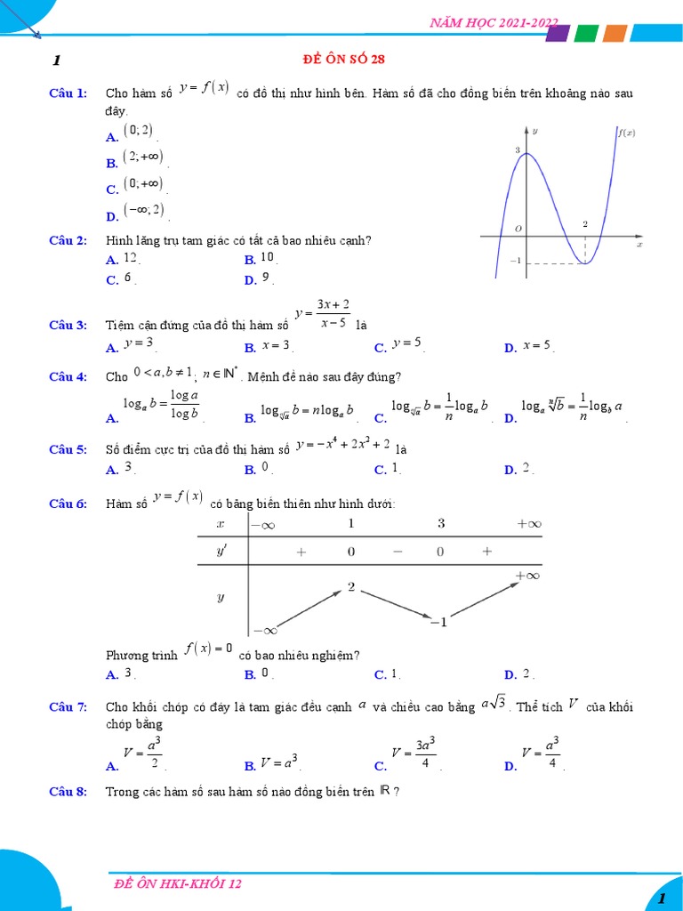 50 de Trac Nghiem On Thi Cuoi Hoc Ki 1 Mon Toan 12 Phan 2 | PDF
