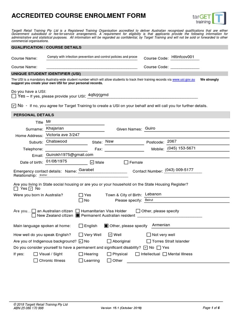 Accredited Course Enrolment Form v15.1 Fillable | PDF | Identity ...