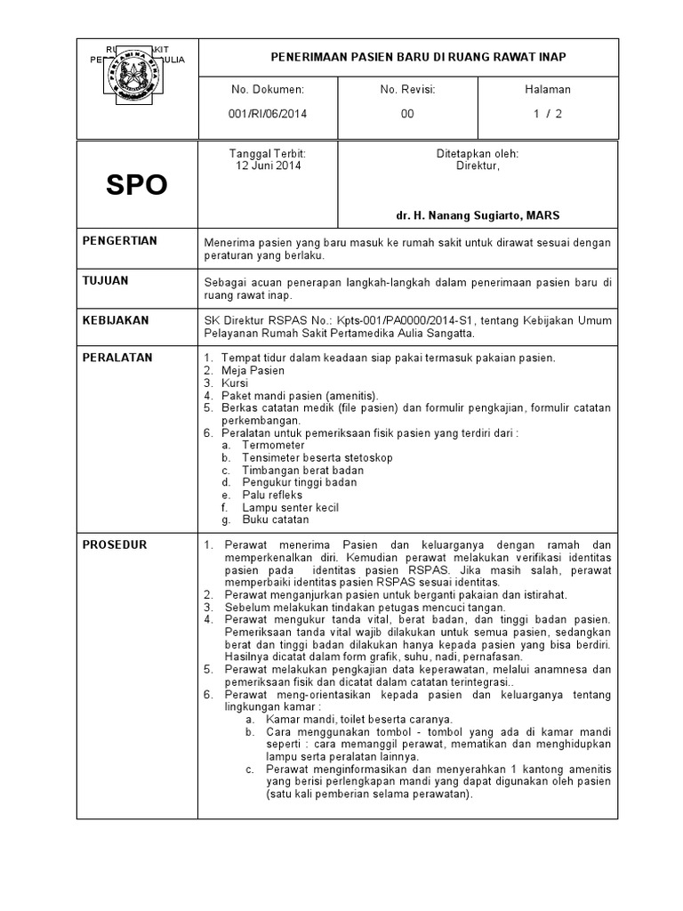 001-Spo-Rawat Inap-Penerimaan Pasien Baru Di Ruang Rawat Inap .. | PDF