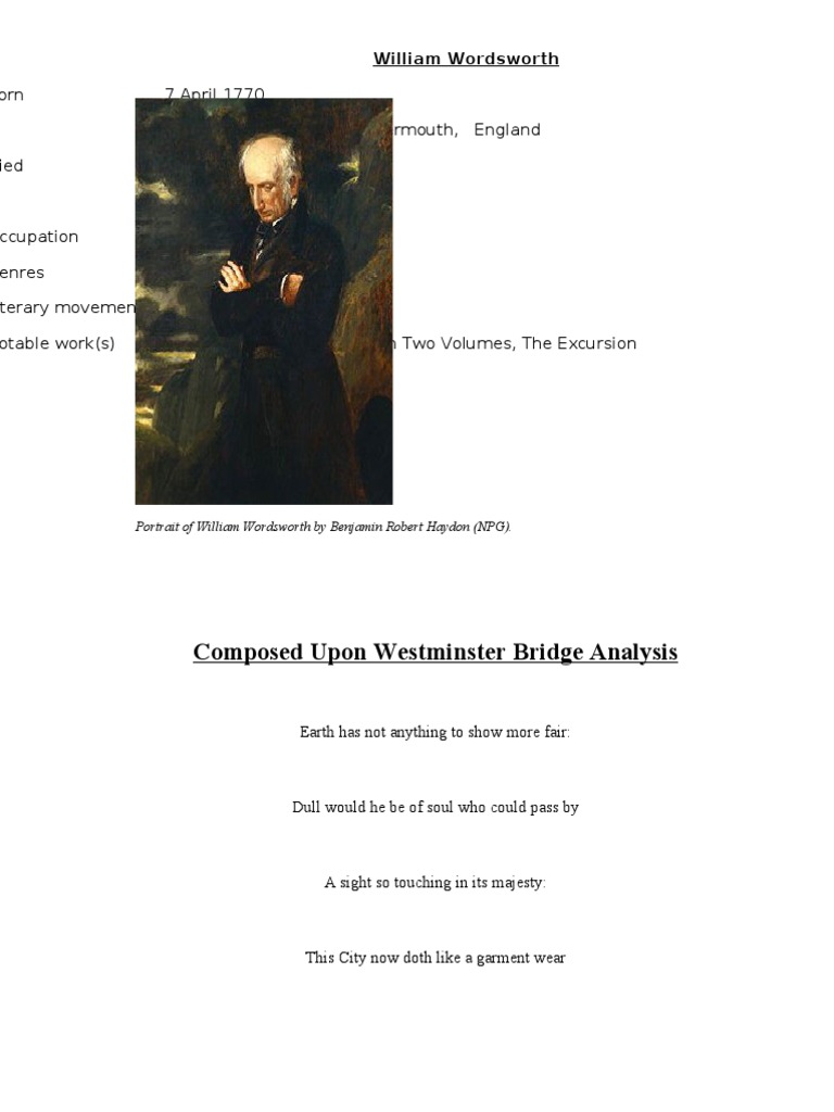 Analysis of "Composed Upon Westminster Bridge" | PDF | William ...