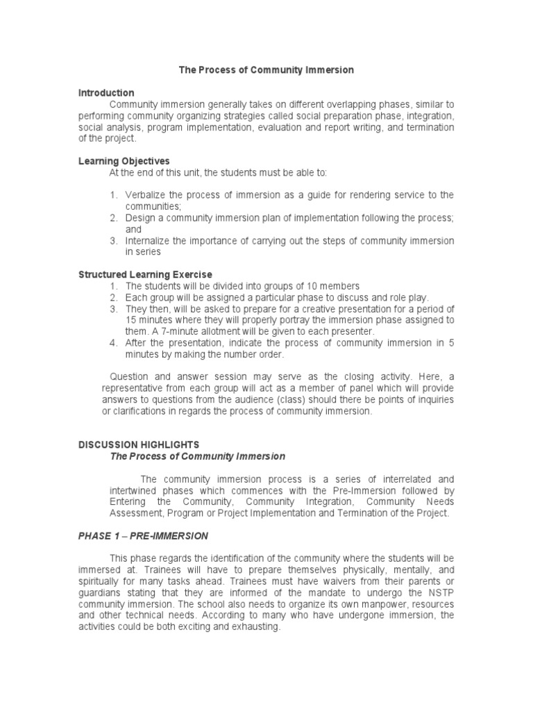 The Process of Community Immersion | PDF | Survey Methodology | Needs ...