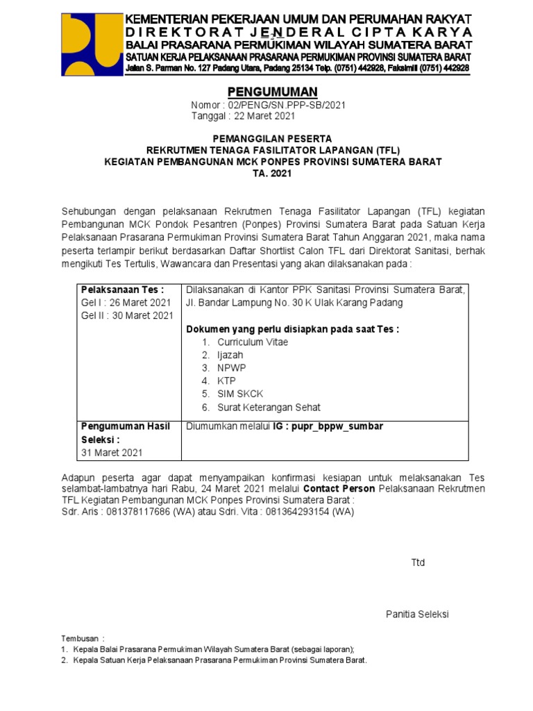 Pengumuman Rekrutmen TFL Ponpes | PDF