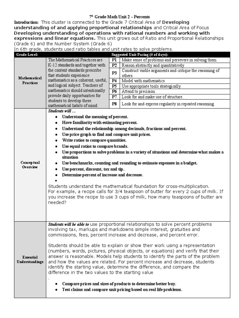 7th Grade Percent Concepts and Applications | PDF | Mathematics | Ratio