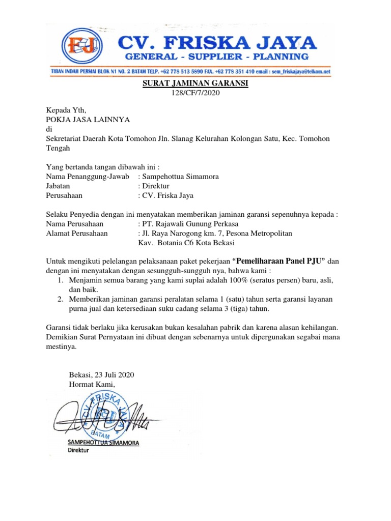 Surat Jaminan Garansi CV Friska Jaya | PDF