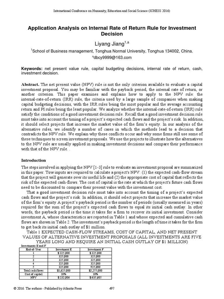Application Analysis On Internal Rate of Return Rule For Investment ...