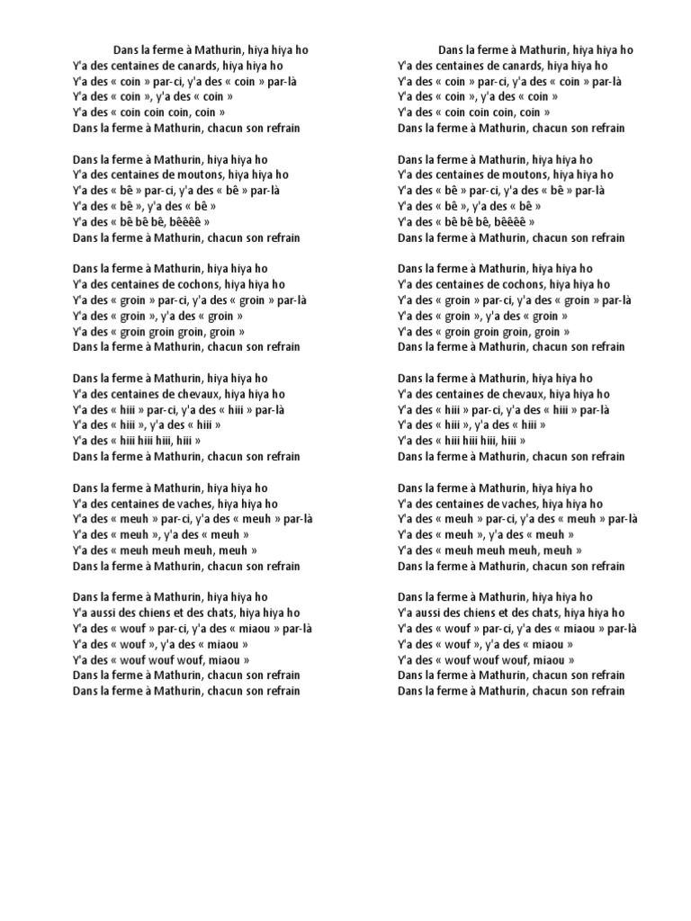 Dans la ferme à Mathurin : Chansons des animaux | PDF