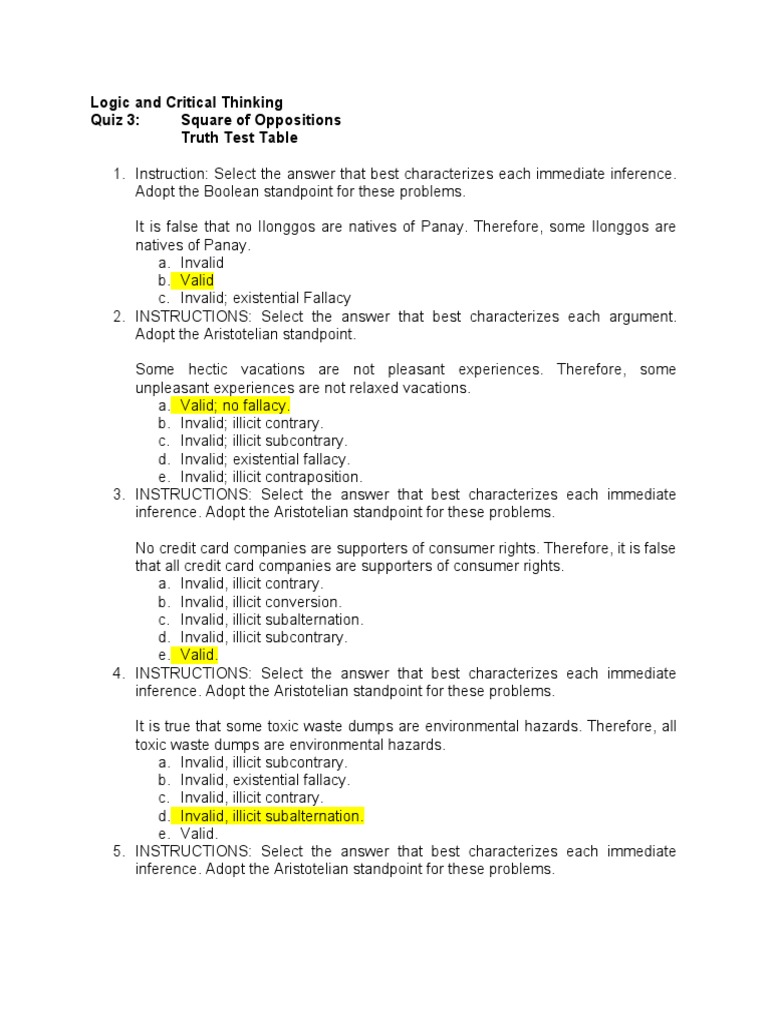 Logic and Critical Thinking Quiz 3: Square of Oppositions Truth Test ...