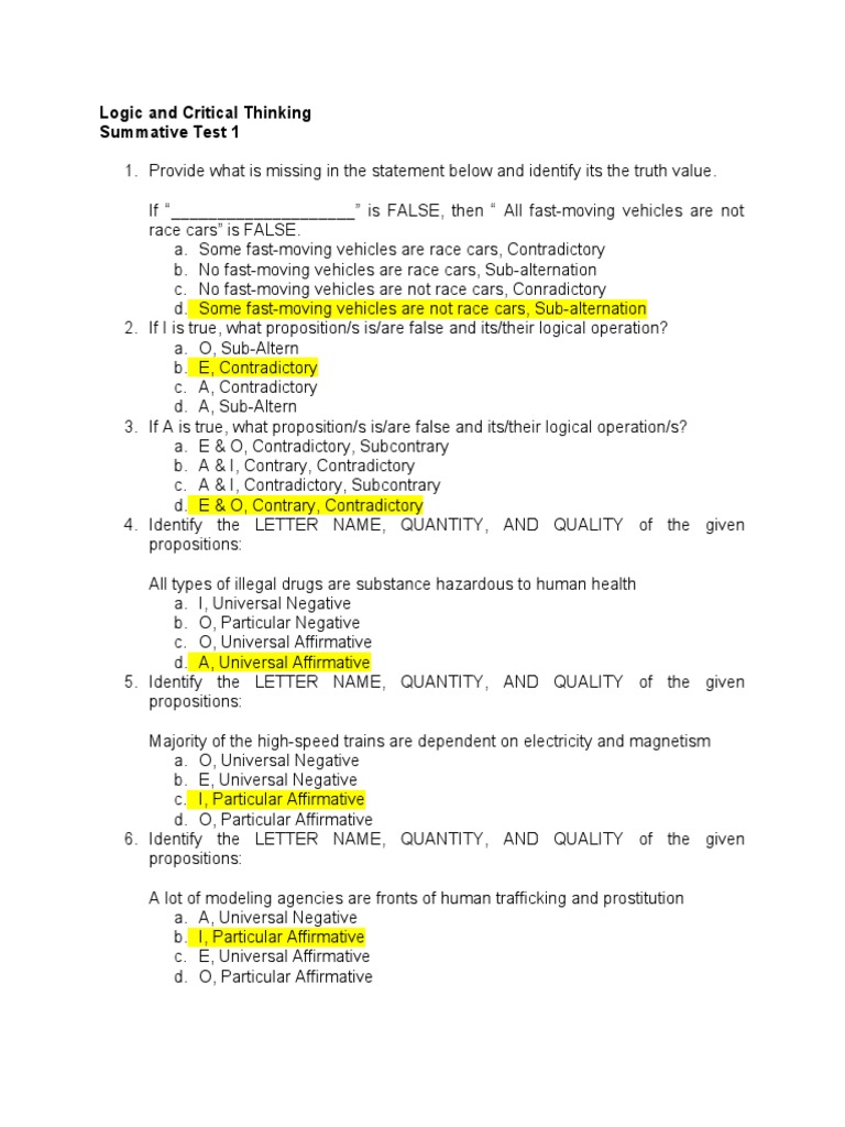 Logic and Critical Thinking Summative Test 1 | PDF | Contradiction ...