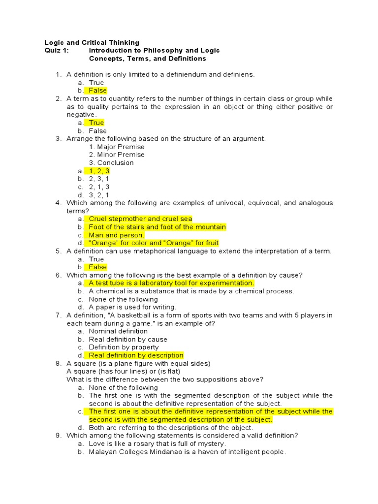 Logic and Critical Thinking - Quiz 1 | PDF | Definition | Argument