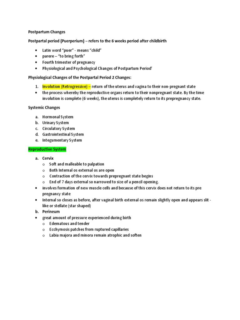 Postpartum Changes Postpartal Period (Puerperium) - Refers To The 6 ...
