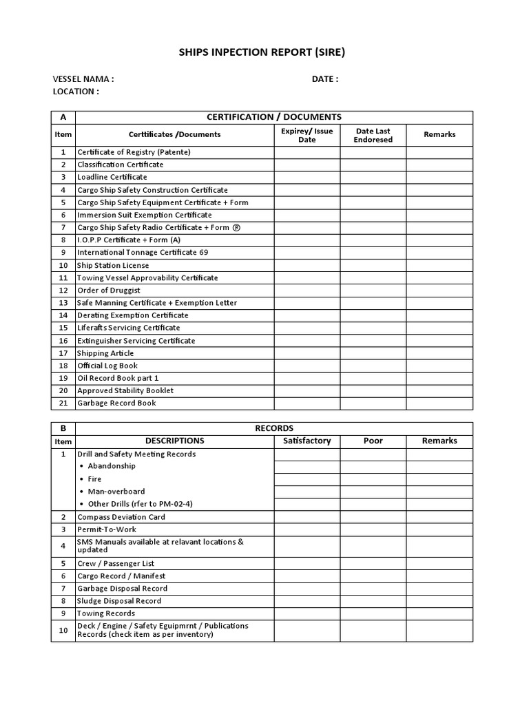 Ships Inpection Report (Sire) : Certification / Documents | PDF | Ships ...