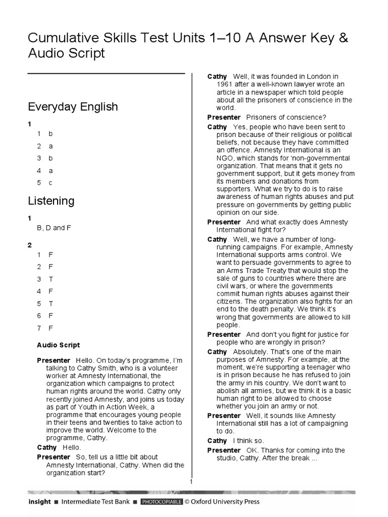 Cumulative Skills Units 1-10 A Answer Key + Audio Script | PDF ...