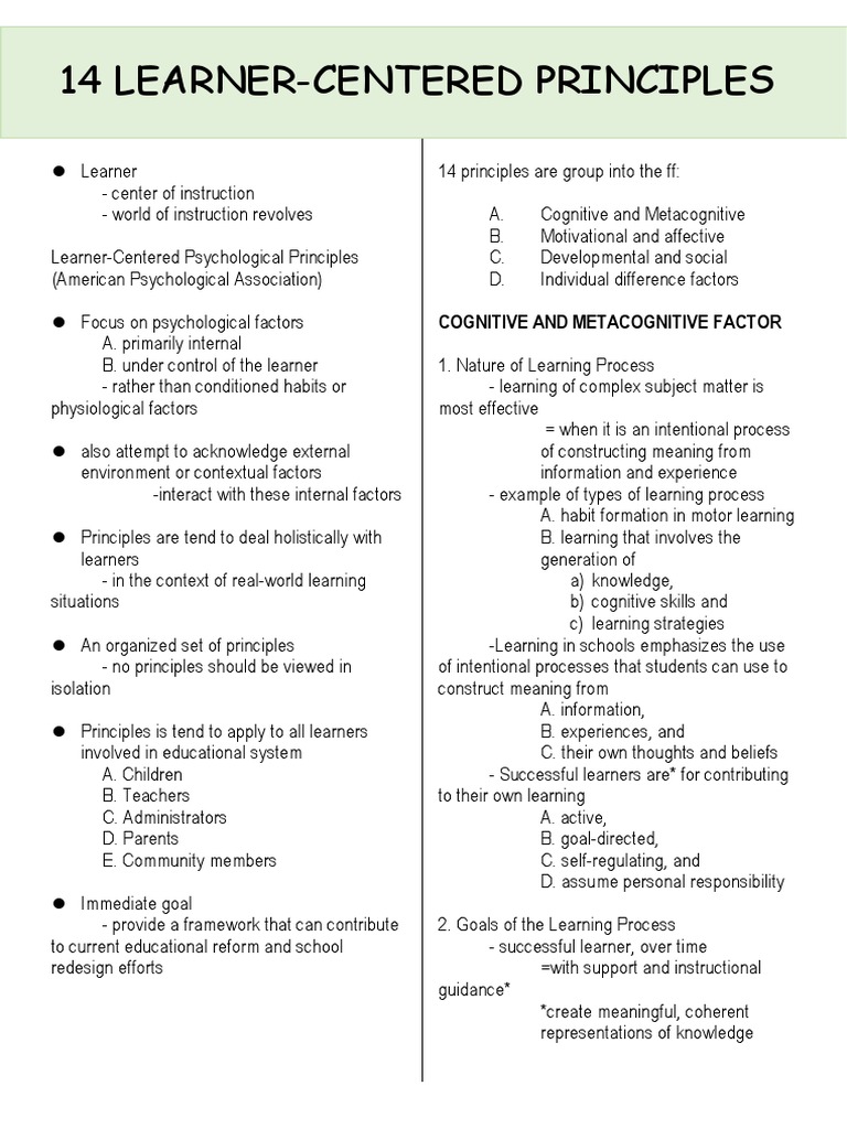 14 Learner-Centered Principles: Cognitive and Metacognitive Factor | PDF | Learning | Motivational