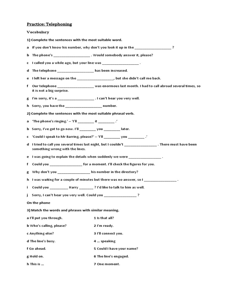 Telephoning Vocabulary Exercises | PDF