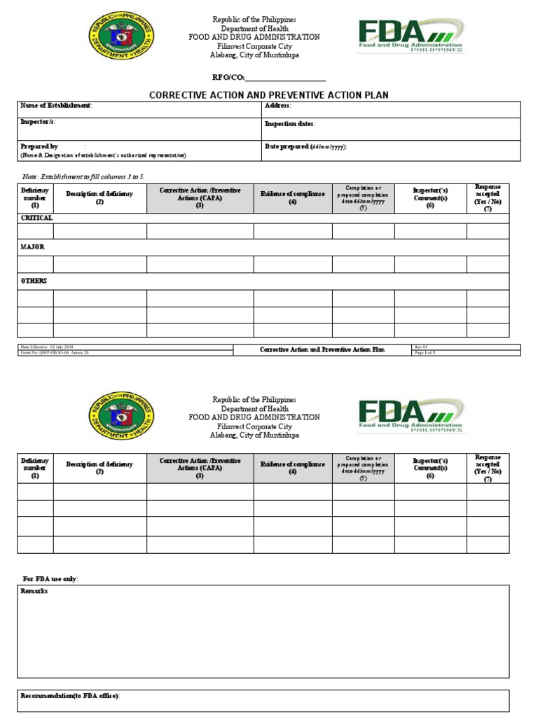 Corrective Action and Preventive Action Plan: RFO/CO | PDF | Food And ...
