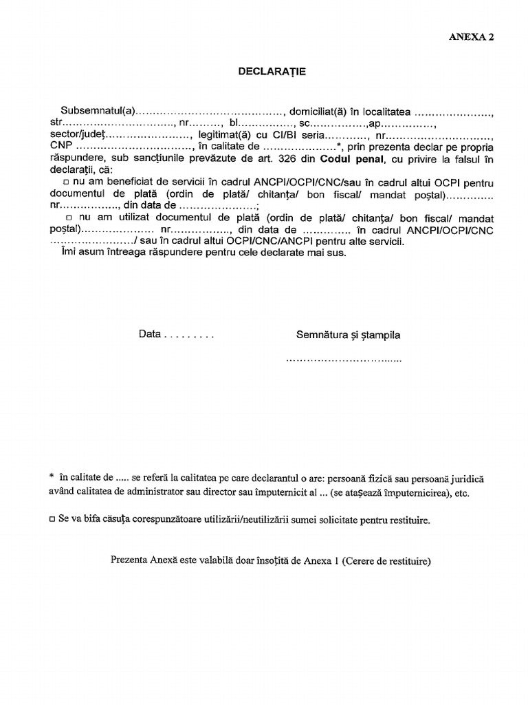 Declaratie Restituire Bani (Anexa 2) | PDF