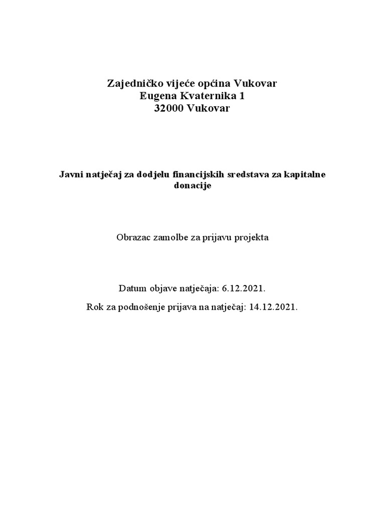 Obrazac Zamolbe Za Prijavu Projekta | PDF
