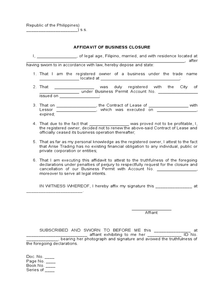 Affidavit of Business Closure | PDF | Finance & Money Management | Law