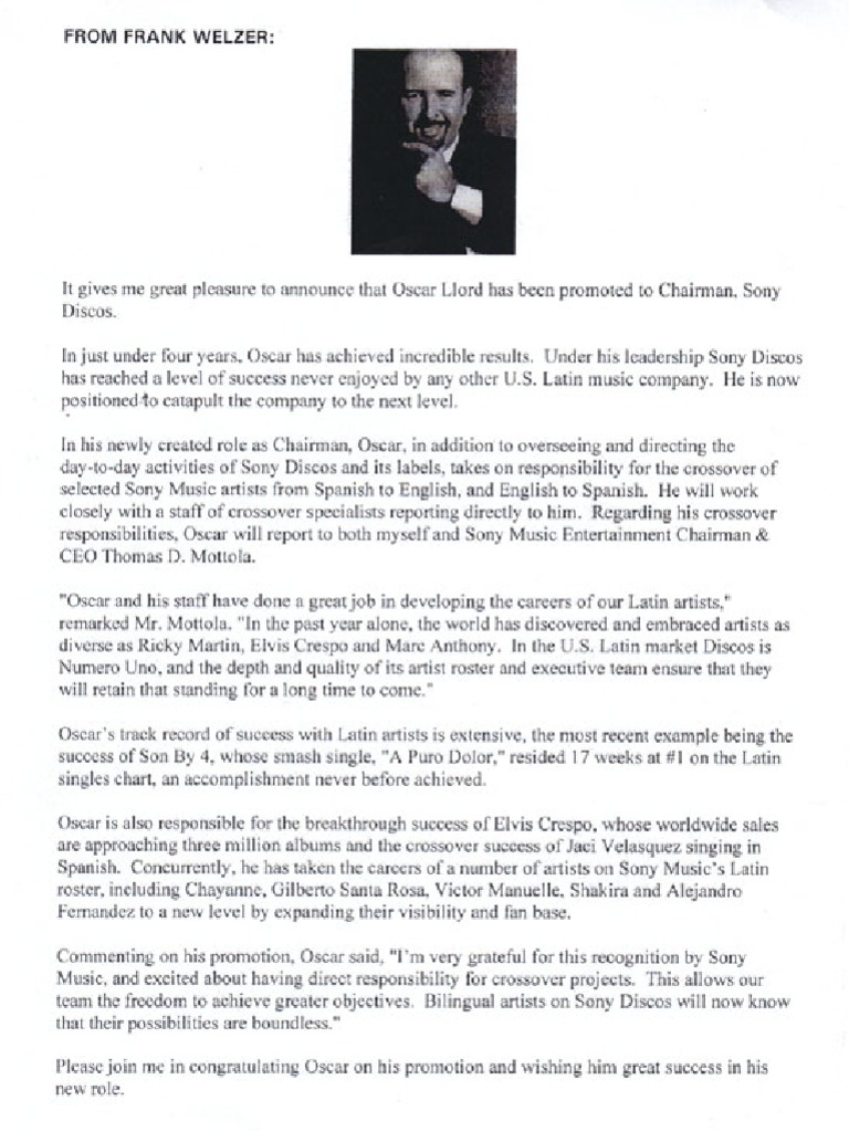 Oscar Llord Former Chairman of Sony Discos A SonyBMG Company | PDF ...