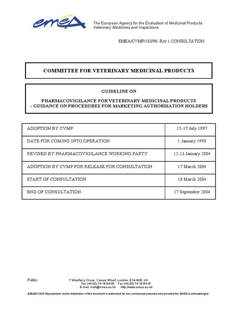 CVMP Guideline Pharmacovigilance Veterinary Medicinal Products Guidance ...