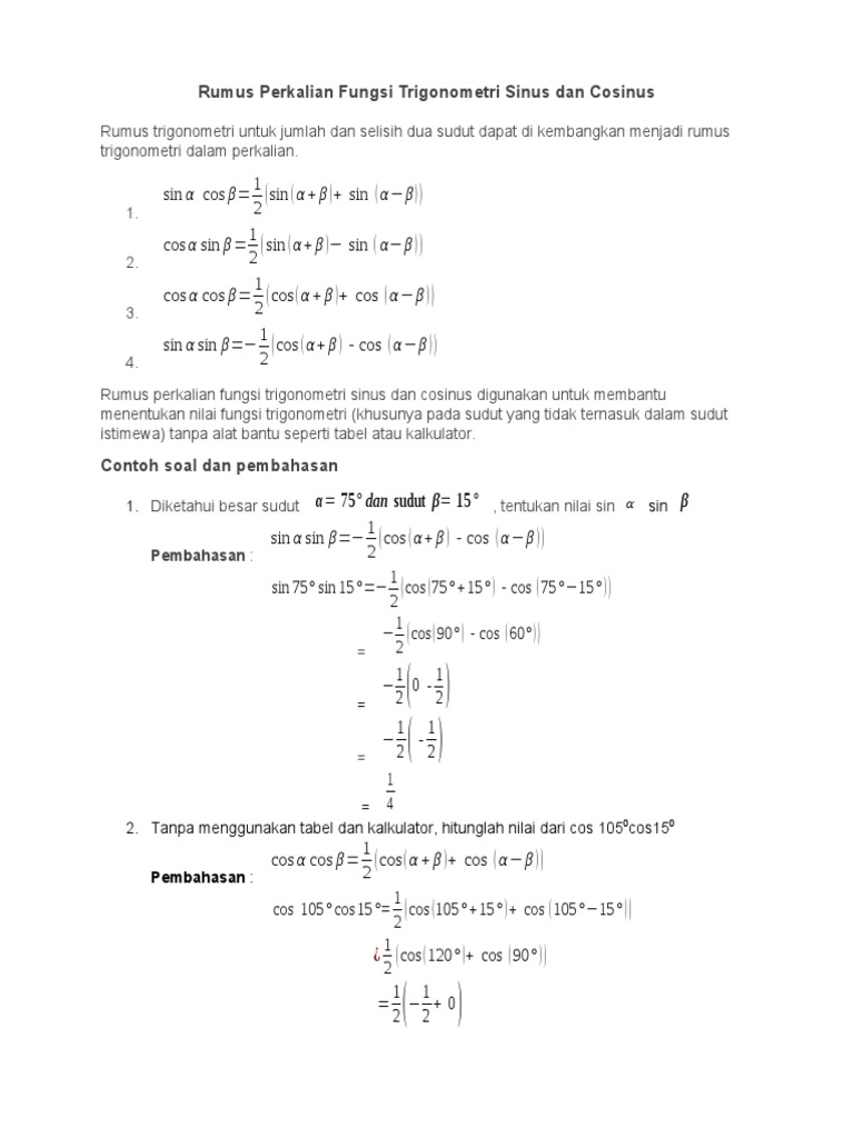 Materi Dan Tugas Rumus Perkalian Trigonometri | PDF